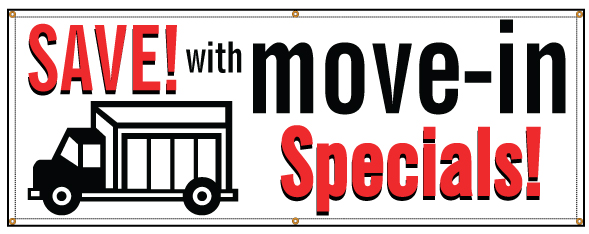 Buy our "Save with move in specials" banner from Signs World Wide