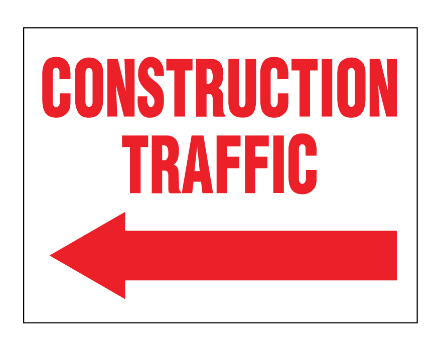 Buy our "Construction Traffic" left arrow sign from Signs World Wide