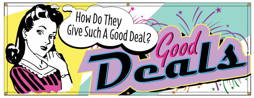 Buy our "Such Good Deals" retro banner at Signs World Wide